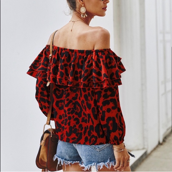 Tops | New Red Leopard Ruffle Off Shoulder Top | Poshmark